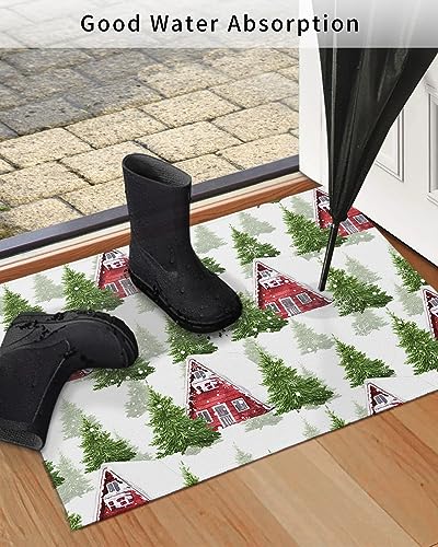 Indoor Outdoor Mats, Christmas Tree and Farm Barn Tile Pattern Door Mat, Non-Slip Absorbent Resist Dirt Entrance Mat Washable Welcome Mats for Entryway, Low-Profile Floor Mats