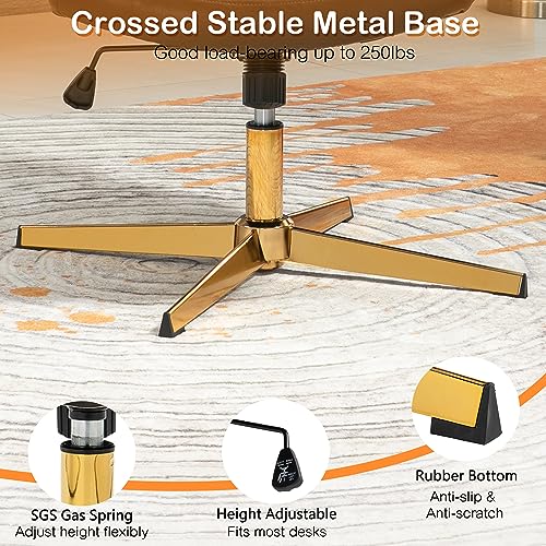 HomVent Armless Office Desk Chair No Wheels, PU Leather Tufted Padded Cute Desk Chair, Modern Ergonomic Computer Desk Chair w/Gold Cross Base,Adjustable Swivel Desk Chair for Makeup Vanity Study Black