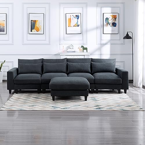 Lepfun Oversized Fabric Set, Extra Large L Shaped Reversible Chaise Sectional Couch, 124.4” Width, 4 Seat Modular Sofa with Storage Ottaman, Dark Grey