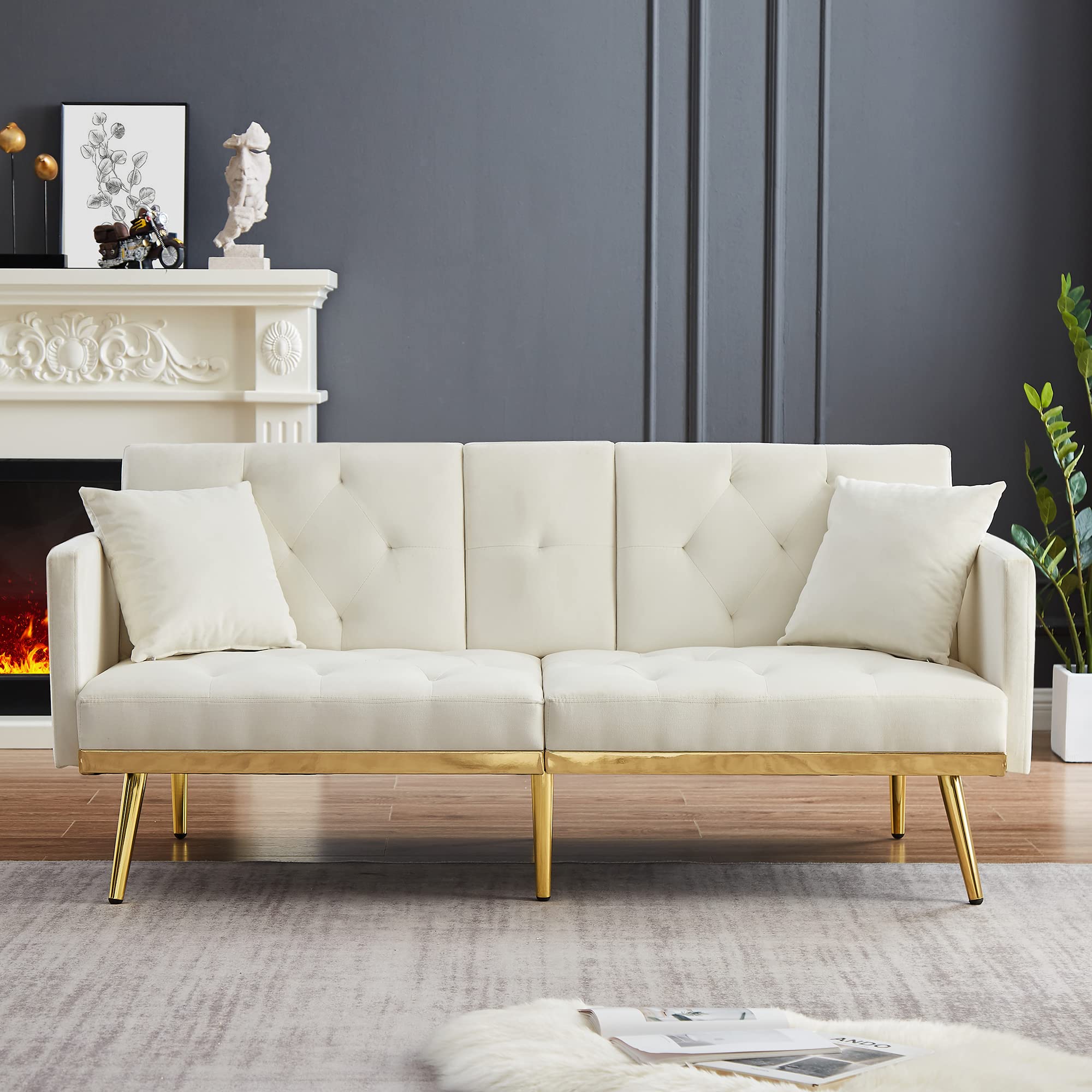 Velvet Upholstered Folding Futon Sofa Bed with 2 Cup Holders, 69.2" Modern Convertible Loveseat Couch Adjustable Recliner Love Seat with Side Pockets for Living Room Bedroom Office Small Places