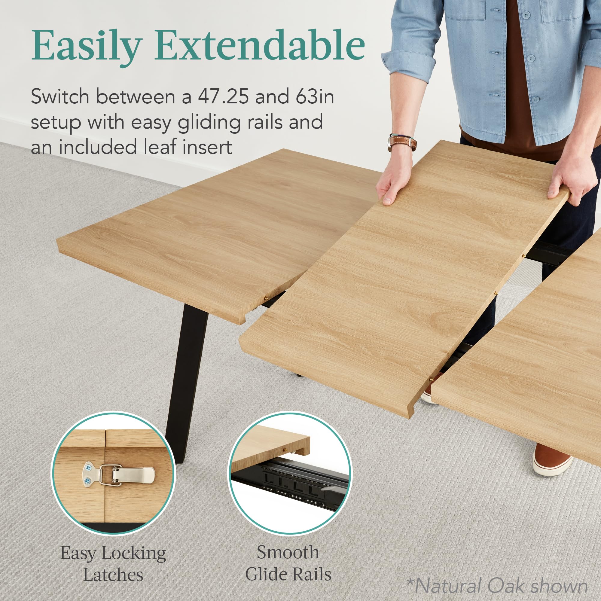 Best Choice Products Extendable Dining Table 47 to 63in Modern Large Expanding Kitchen Table up to 6 People w/Leaf Extension, 2 Locks, 132lb Capacity - Black