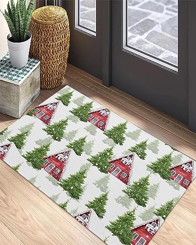 Indoor Outdoor Mats, Christmas Tree and Farm Barn Tile Pattern Door Mat, Non-Slip Absorbent Resist Dirt Entrance Mat Washable Welcome Mats for Entryway, Low-Profile Floor Mats