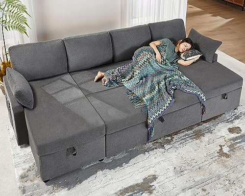 VanAcc Sleeper Sofa, 110 inch Oversize - 2 in 1 Pull Out Bed, Sectional Sleeper Sofa with Double Storage Chaise for Living Room, Grey Linen Couch
