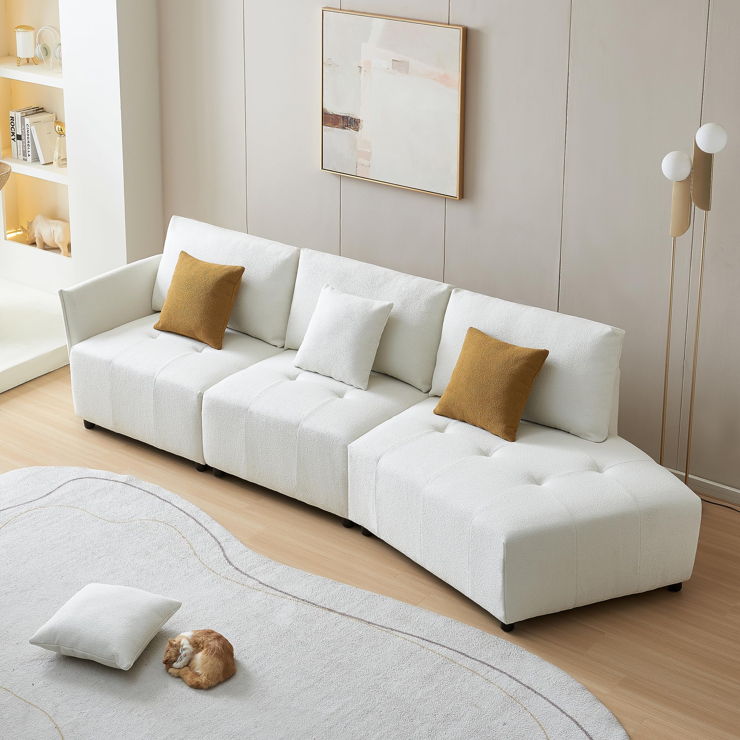 120'' Teddy Fabric Sofa, Modern Modular Sectional Couch, Button Tufted Seat Cushion for Living Room, Apartment & Office.(Beige)