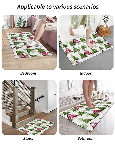 Indoor Outdoor Mats, Christmas Tree and Farm Barn Tile Pattern Door Mat, Non-Slip Absorbent Resist Dirt Entrance Mat Washable Welcome Mats for Entryway, Low-Profile Floor Mats