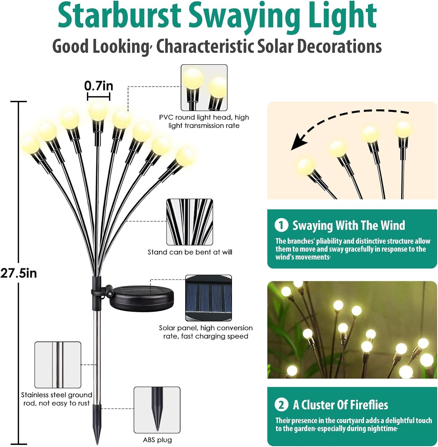 BOSSERN 4 Pack Firefly Garden Lights: Solar Outdoor Waterproof, 32 LED Vibrant Firefly Starburst Lights, Swaying by Wind, Garden Decoration (Warm White)