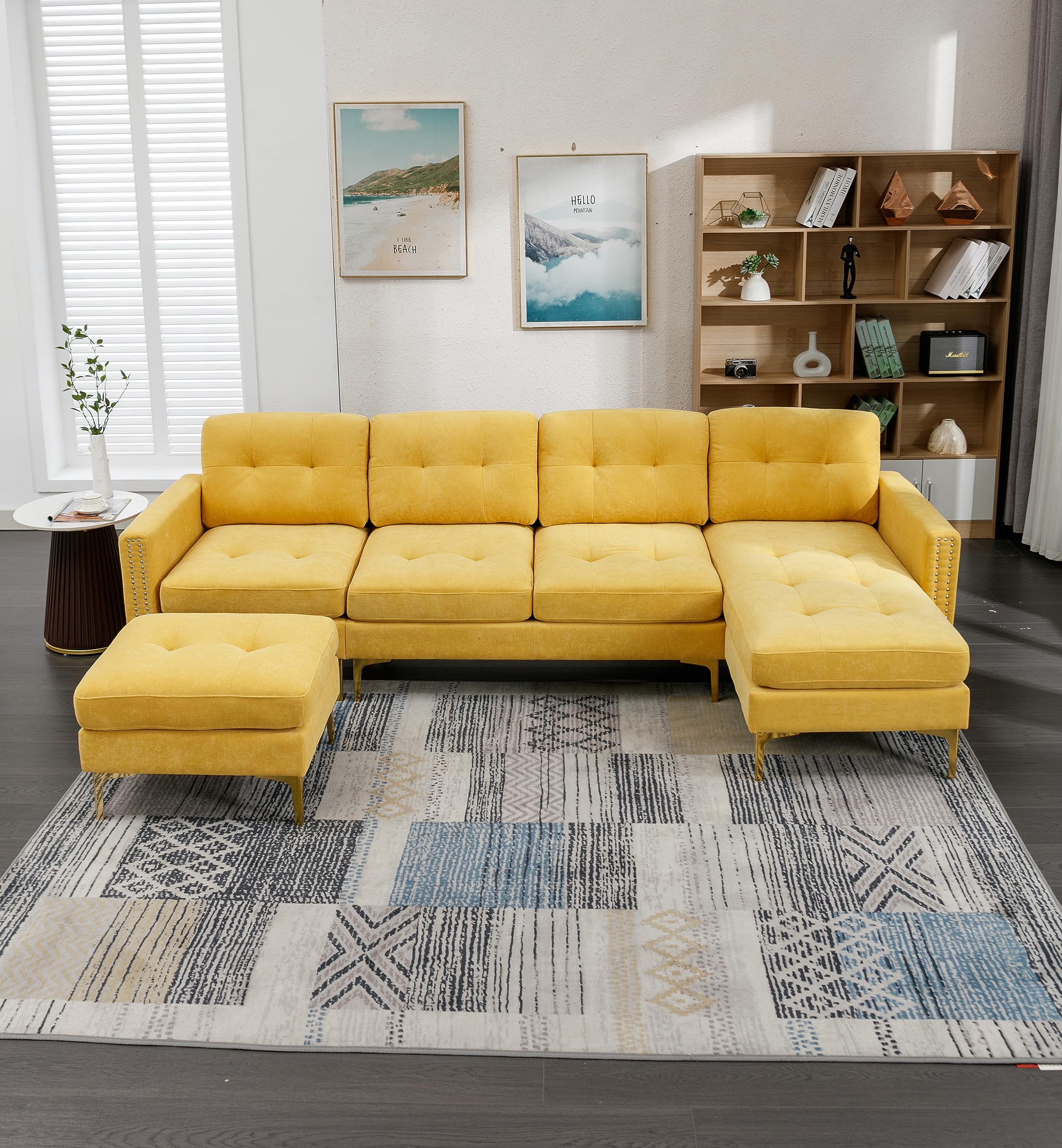 EMKK Corner 110" Convertible Sectional Couch Furniture, 5 Seat Sofa for Living Room L/U Shaped Modern Fabric UpholsteredModular Sofá Sleeper with Double Chaise & Memory Foam & Movable Ottoman, Yellow