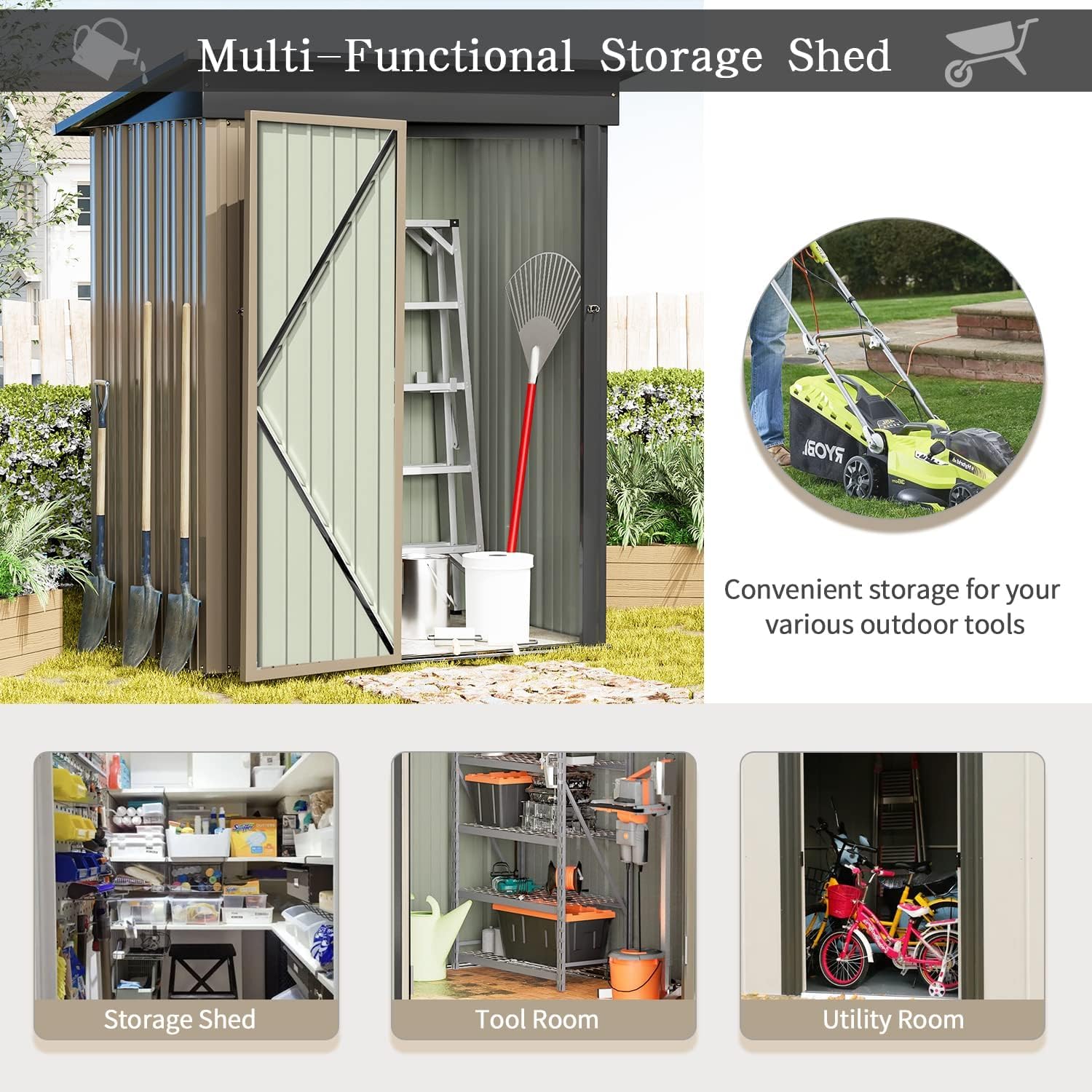 Metal Outdoor Storage Shed 5FT x 3FT, Steel Utility Tool Shed Storage House with Door & Lock, for Backyard Garden Patio Lawn (5' x 3'), Brown