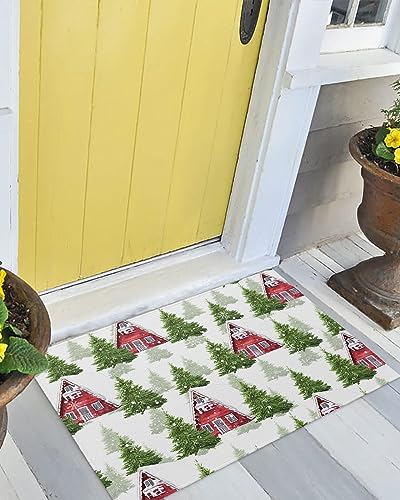 Indoor Outdoor Mats, Christmas Tree and Farm Barn Tile Pattern Door Mat, Non-Slip Absorbent Resist Dirt Entrance Mat Washable Welcome Mats for Entryway, Low-Profile Floor Mats