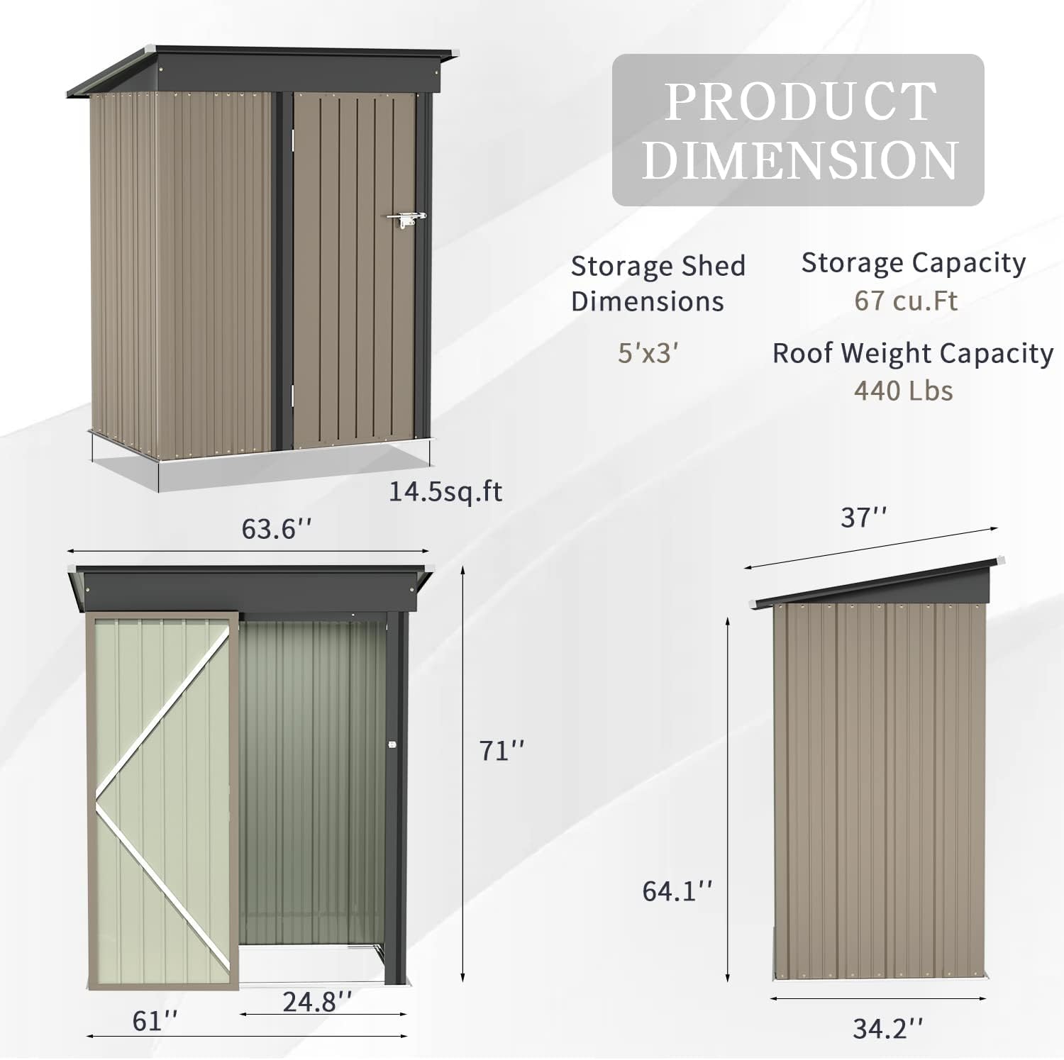 Metal Outdoor Storage Shed 5FT x 3FT, Steel Utility Tool Shed Storage House with Door & Lock, for Backyard Garden Patio Lawn (5' x 3'), Brown