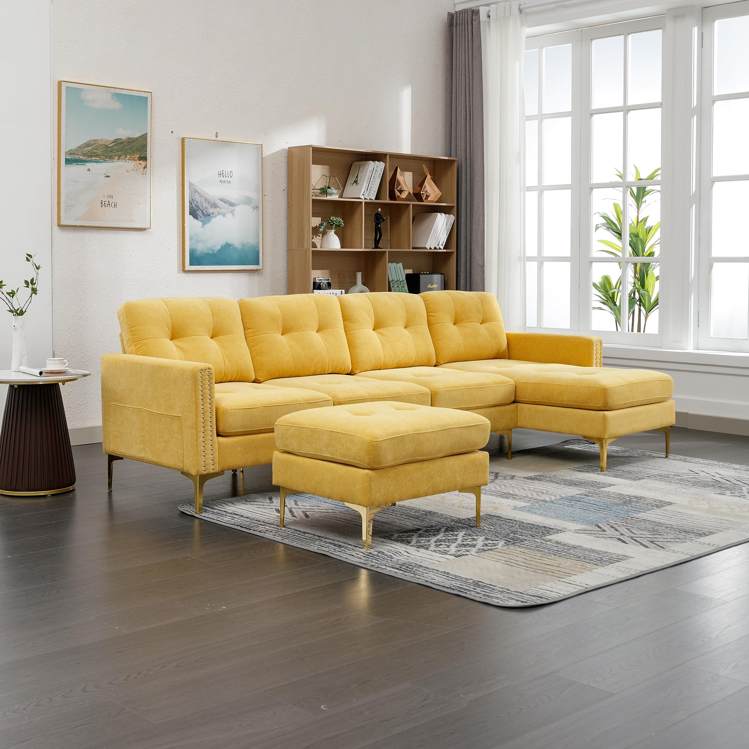 EMKK Corner 110" Convertible Sectional Couch Furniture, 5 Seat Sofa for Living Room L/U Shaped Modern Fabric UpholsteredModular Sofá Sleeper with Double Chaise & Memory Foam & Movable Ottoman, Yellow