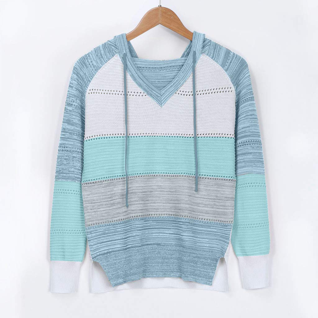 Women's Casual Long Sleeve Drawstring Hoodie Sweaters Loose Comfy Hooded Knit Sweatshirt Color Block Pullover Trendy Fall Tops 01-Blue,5X-Large
