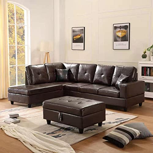 ERYE L-Shaped Corner 5 Seaters Chaise & Storage Ottoman,Modern Faux Leather Sectional & Sofa Couch with 2 Pillows for Home Office Apartment Living Room Furniture Sets, Brown PU Right