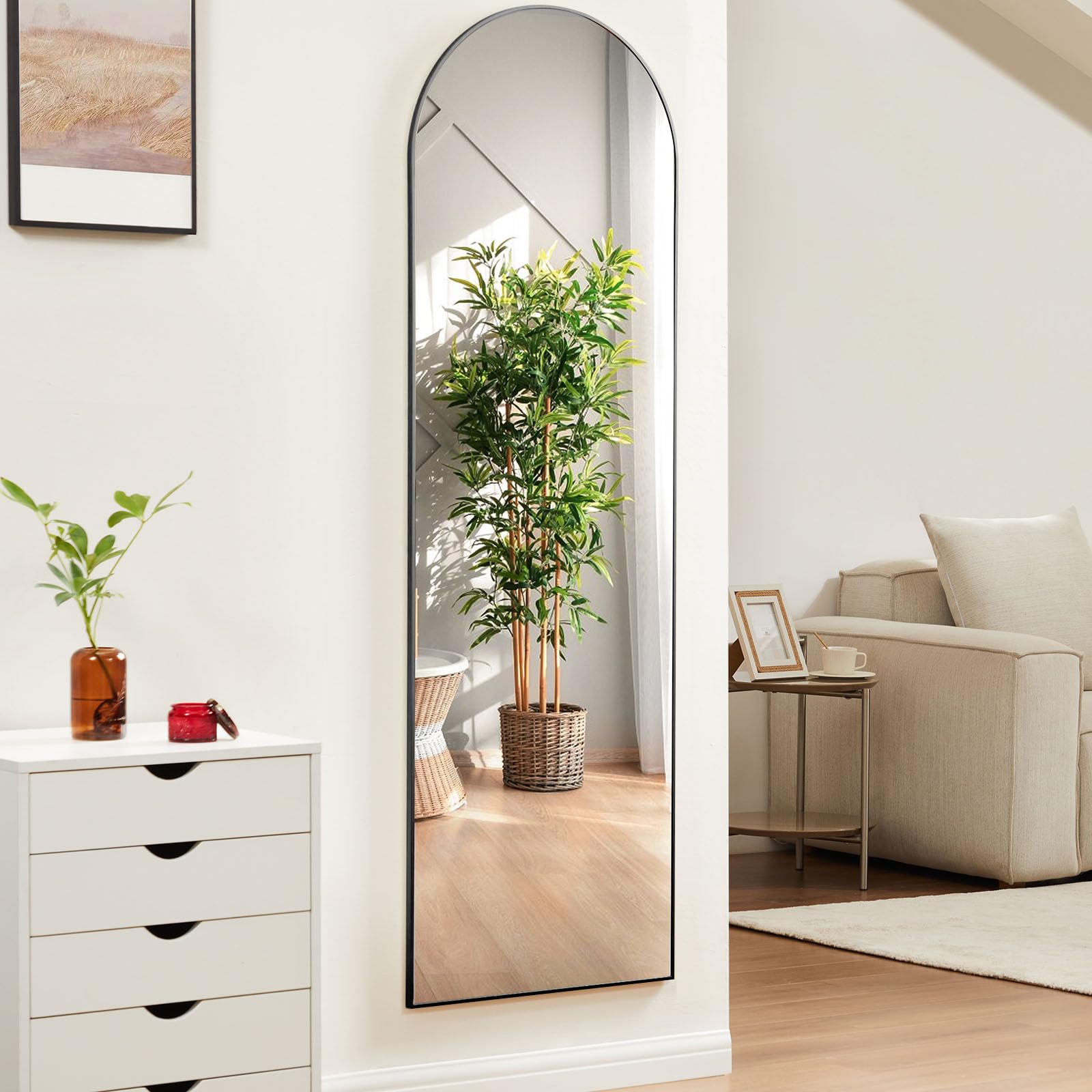 Sweetcrispy Arched Full Length Mirror 59"x16" Full Body Floor Mirror Standing Hanging or Leaning Wall, Arch Wall Mirror with Stand Aluminum Alloy Thin Frame for Bedroom Cloakroom,Gold