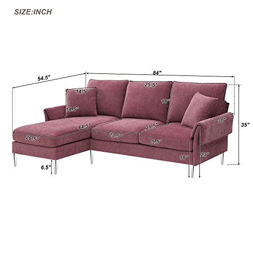 KoiHome 84" Convertible Sectional 2 Pillows, Modern Chenille L-Shaped Couch with Reversible Chaise Lounge, 3-Seater Sleeper Sofa, Fit for Living Room,Office,Apartment, Polyester, Pink