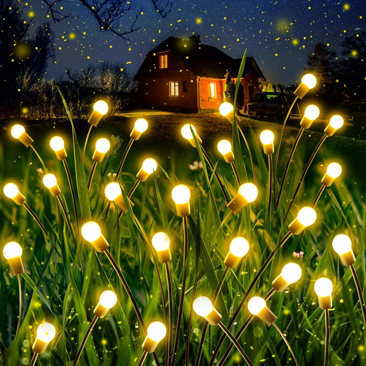 BOSSERN 4 Pack Firefly Garden Lights: Solar Outdoor Waterproof, 32 LED Vibrant Firefly Starburst Lights, Swaying by Wind, Garden Decoration (Warm White)