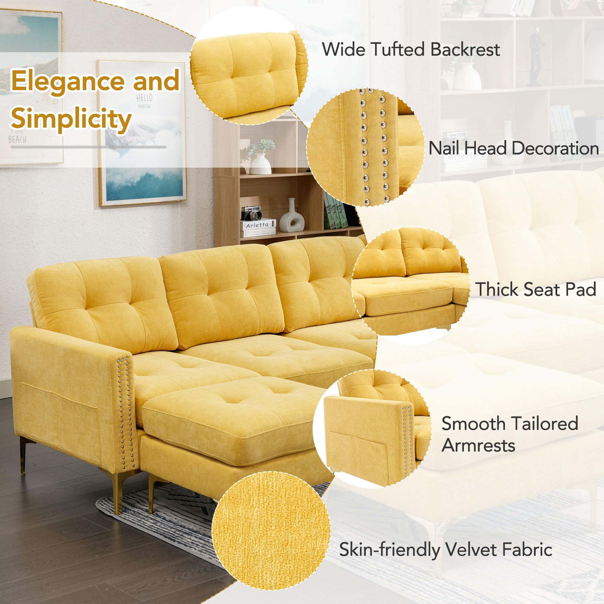 EMKK Corner 110" Convertible Sectional Couch Furniture, 5 Seat Sofa for Living Room L/U Shaped Modern Fabric UpholsteredModular Sofá Sleeper with Double Chaise & Memory Foam & Movable Ottoman, Yellow