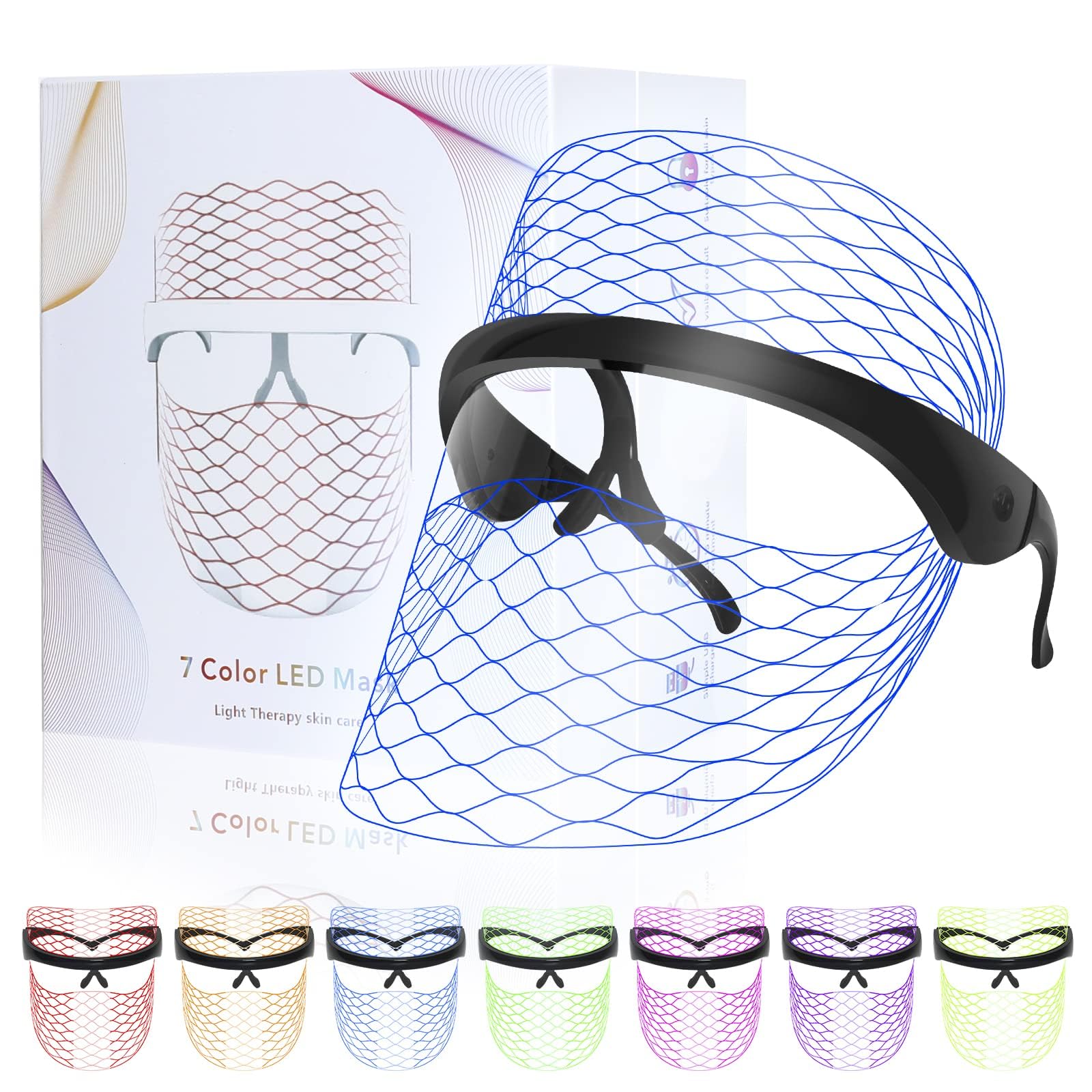 L E D Face Mask Light Therapy, Red & Blue Light Therapy for Face, 7 Colors L E D Light Therapy Mask, Beauty Mask Rechargeable Portable for Facial Skin Care at Home and Travel