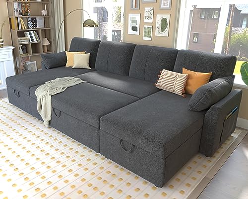 VanAcc Sleeper Sofa, 110 inch Oversize - 2 in 1 Pull Out Bed, Sectional Sleeper Sofa with Double Storage Chaise for Living Room, Grey Linen Couch