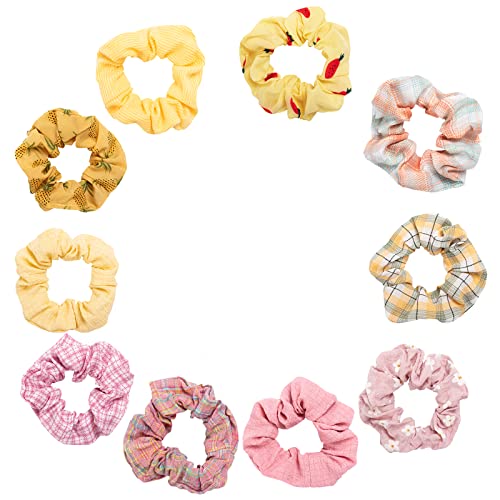 10pcs Cute Plaid Hair Ties Printed Hair Scrunchies Ponytail Holder Colorful Hair Elastics Bands Hair Accessories for Women Girls (Yellow)