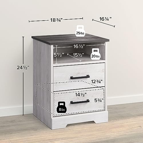 Prepac Rustic Ridge Farmhouse Bedroom Nightstand with 2 Drawers and an Open Cubby, Wooden Bedside Table for Bedroom, Office, or Living Room, 16.25in x 18.75in x 24.5in, Washed White
