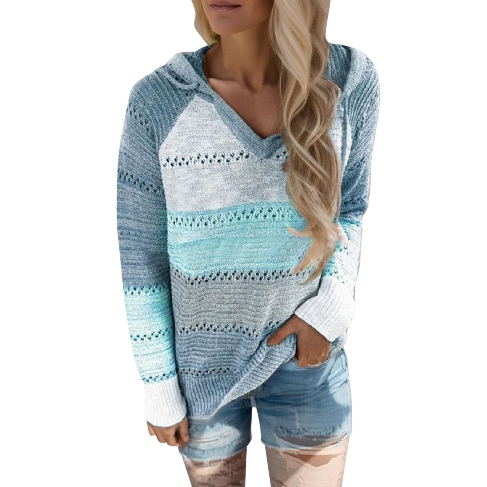 Women's Casual Long Sleeve Drawstring Hoodie Sweaters Loose Comfy Hooded Knit Sweatshirt Color Block Pullover Trendy Fall Tops 01-Blue,5X-Large