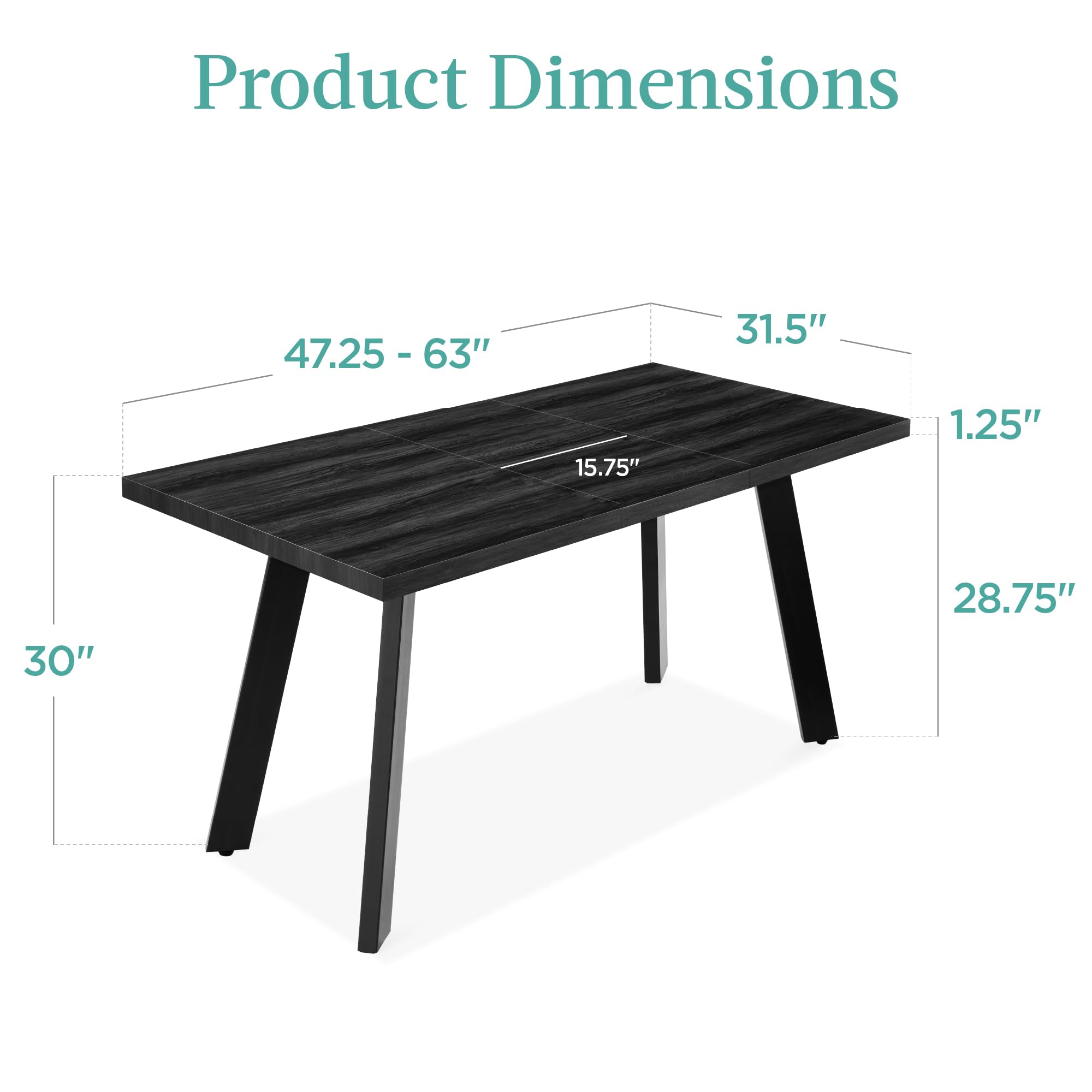 Best Choice Products Extendable Dining Table 47 to 63in Modern Large Expanding Kitchen Table up to 6 People w/Leaf Extension, 2 Locks, 132lb Capacity - Black