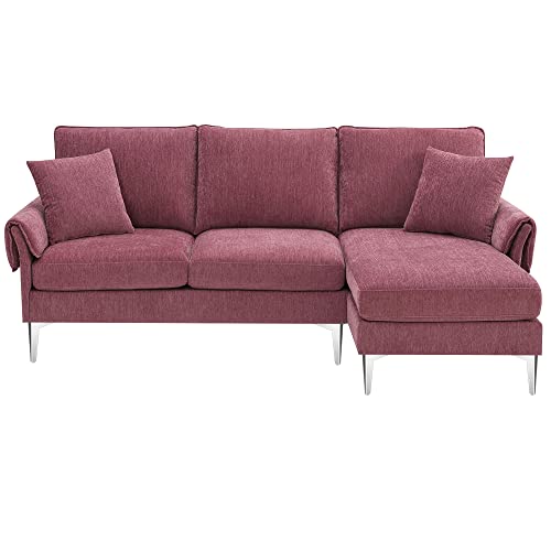 KoiHome 84" Convertible Sectional 2 Pillows, Modern Chenille L-Shaped Couch with Reversible Chaise Lounge, 3-Seater Sleeper Sofa, Fit for Living Room,Office,Apartment, Polyester, Pink