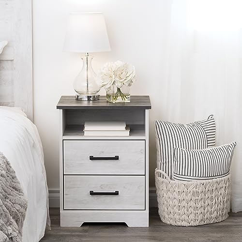 Prepac Rustic Ridge Farmhouse Bedroom Nightstand with 2 Drawers and an Open Cubby, Wooden Bedside Table for Bedroom, Office, or Living Room, 16.25in x 18.75in x 24.5in, Washed White