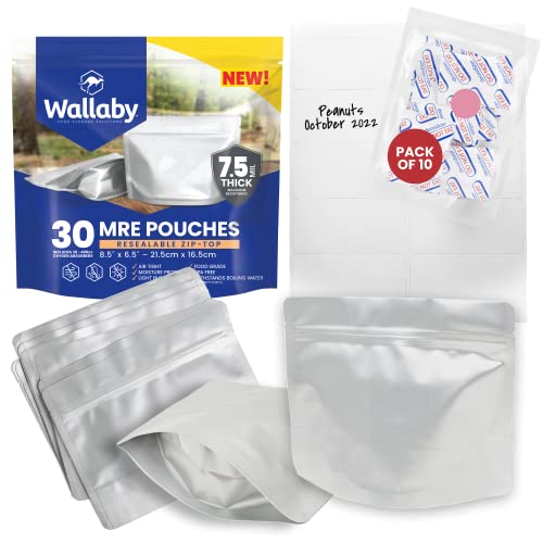Wallaby MRE Mylar Bag Bundle - 30x (7.5 Mil - 6.5" x 8.5ââ) Stand-Up Zipper Pouches, 30x 400cc Oxygen Absorbers - Heat Sealable & Withstand Boiling Water - Long-Term Food Storage Solutions - Silver