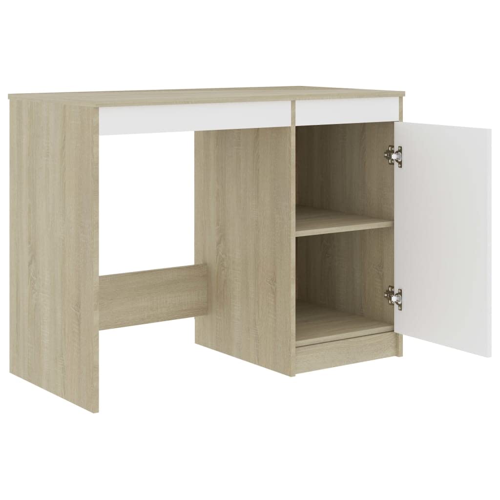 ULUYYUC Desk,Computer Desks Bedroom Desks Study Desk with Doors Suitable for Home, Office, Bedroom, Conference Room, etc White and Sonoma Oak 39.4"x19.7"x29.9" Engineered Wood