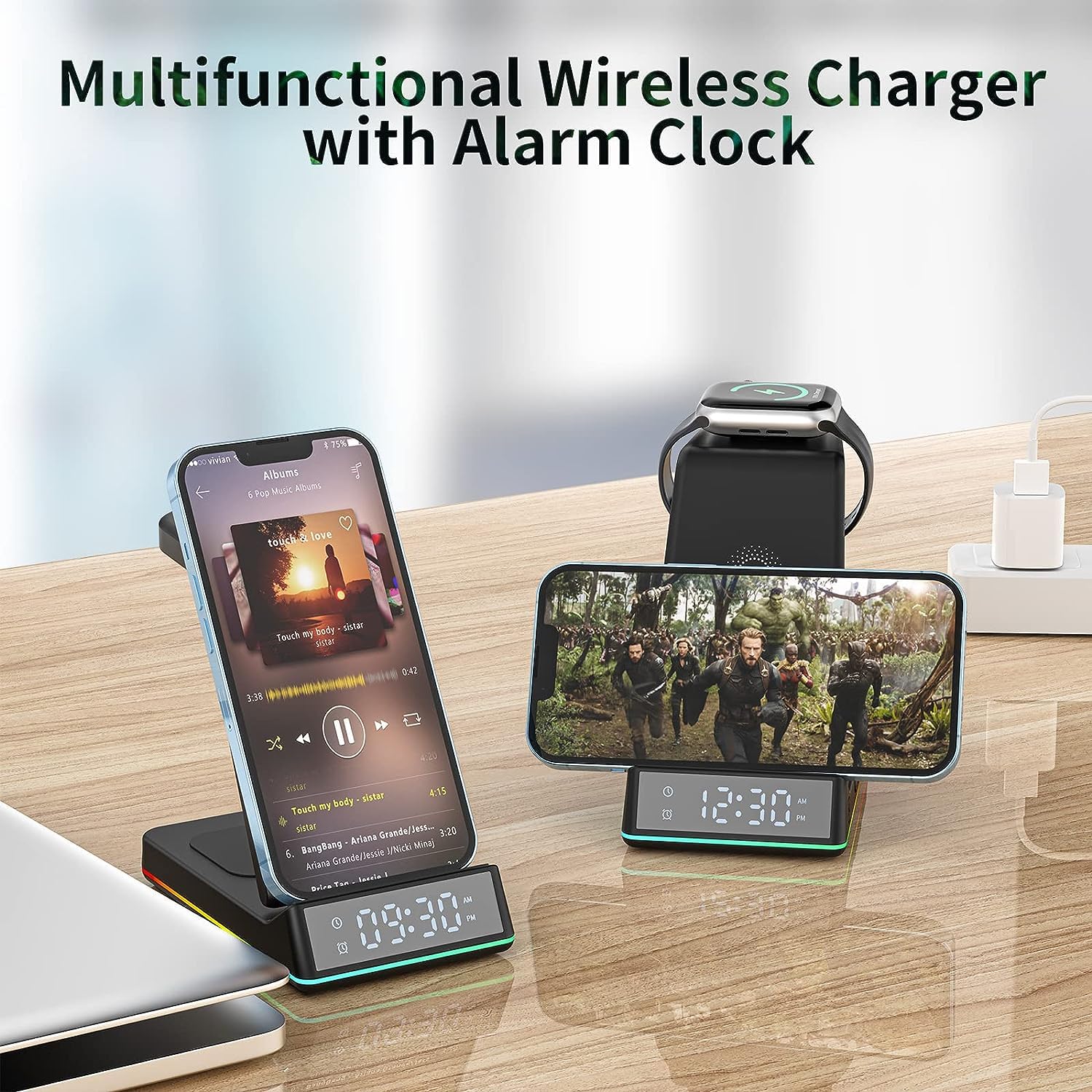 Wireless Charging Station, 5 in 1 Wireless Charger [with Alarm/Clock/Night Light] 15W Wireless Charging Dock Stand for iPhone 14/13/12/11,Samsung Phones,Apple Watch Series & Airpods