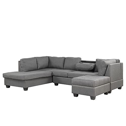 Eafurn L Shaped Sectional Sofa with Reversible Chaise and Drop Down Table & Cupholders, Upholstery Corner Couch with Storage Ottoman, Tufted Convertible Sofa & Couch for Living Room Furniture Set