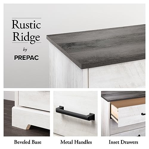Prepac Rustic Ridge Farmhouse Bedroom Nightstand with 2 Drawers and an Open Cubby, Wooden Bedside Table for Bedroom, Office, or Living Room, 16.25in x 18.75in x 24.5in, Washed White