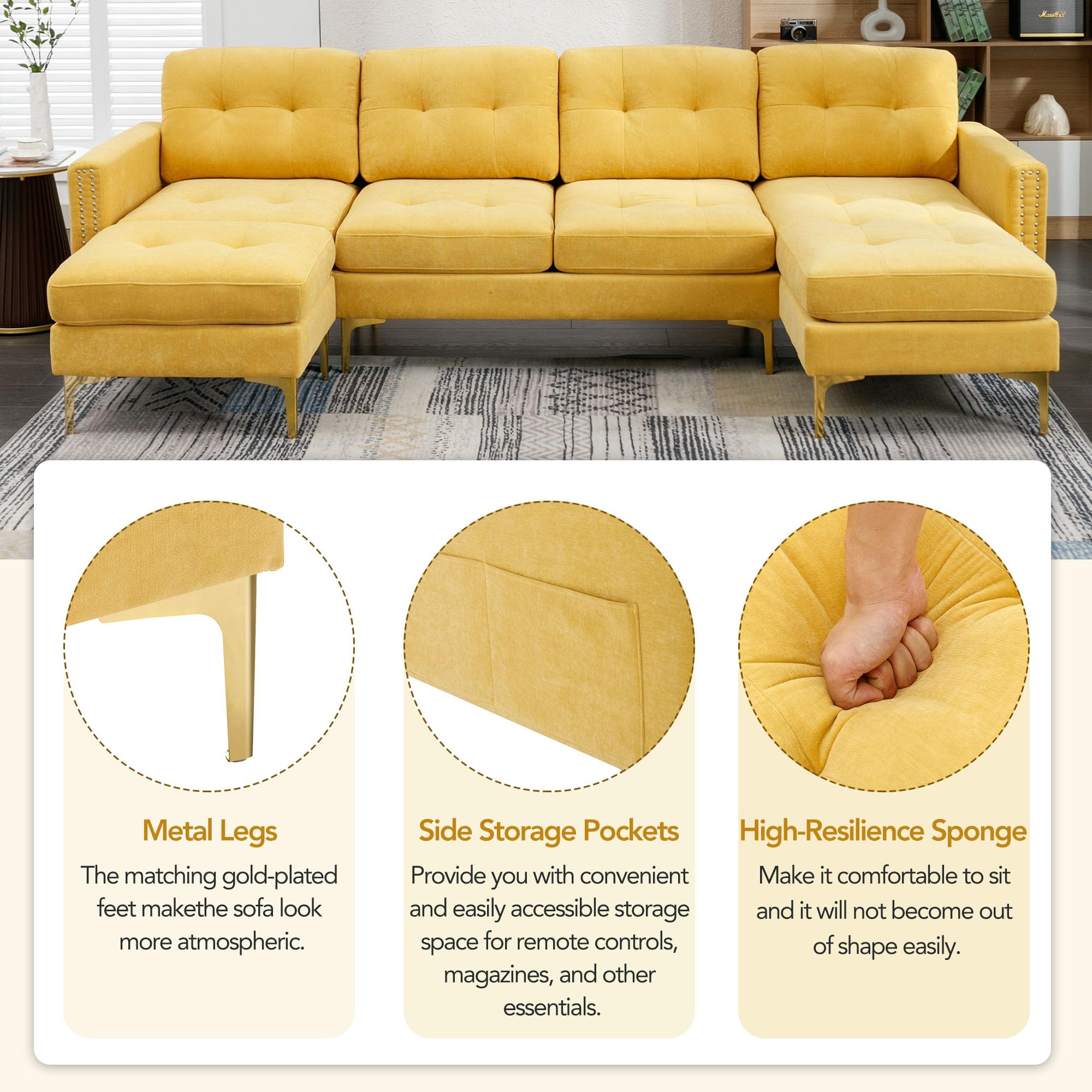EMKK Corner 110" Convertible Sectional Couch Furniture, 5 Seat Sofa for Living Room L/U Shaped Modern Fabric UpholsteredModular Sofá Sleeper with Double Chaise & Memory Foam & Movable Ottoman, Yellow