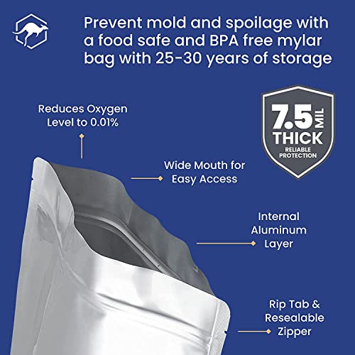 Wallaby MRE Mylar Bag Bundle - 30x (7.5 Mil - 6.5" x 8.5ββ) Stand-Up Zipper Pouches, 30x 400cc Oxygen Absorbers - Heat Sealable & Withstand Boiling Water - Long-Term Food Storage Solutions - Silver