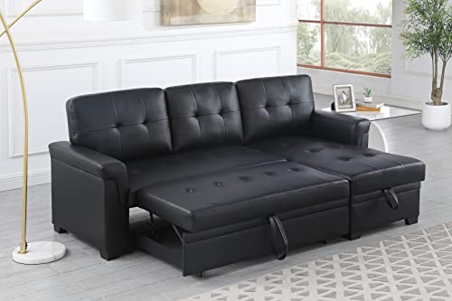 OMGO Leather L Shaped Reversible Sectional Sofa w/Storage Chaise, Convertible Corner Couch with Pull Out Bed, for Small Space Apartment, Living Room, Bedroom