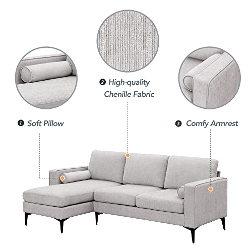KoiHome 86" Convertible Sectional 2 Pillows, Modern Chenille L-Shaped Couch with Reversible Chaise Lounge, 3-Seater Sofa, Fit for Living Room,Office,Apartment, Polyester, Beige