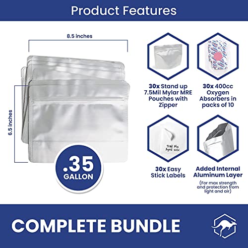 Wallaby MRE Mylar Bag Bundle - 30x (7.5 Mil - 6.5" x 8.5ββ) Stand-Up Zipper Pouches, 30x 400cc Oxygen Absorbers - Heat Sealable & Withstand Boiling Water - Long-Term Food Storage Solutions - Silver