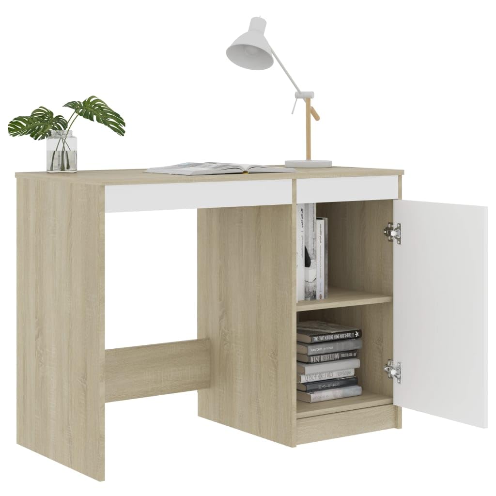 ULUYYUC Desk,Computer Desks Bedroom Desks Study Desk with Doors Suitable for Home, Office, Bedroom, Conference Room, etc White and Sonoma Oak 39.4"x19.7"x29.9" Engineered Wood