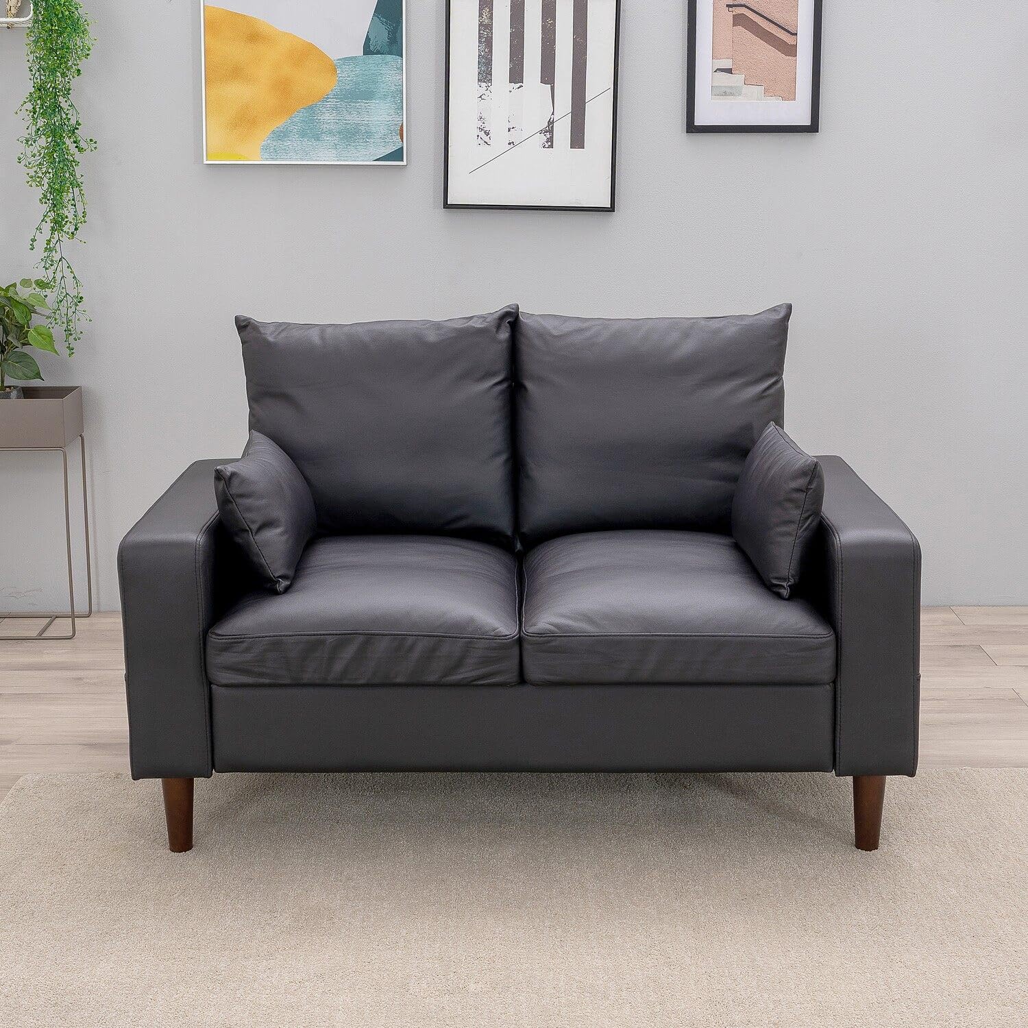Panana Small Modern Loveseat Couch Sofa Upholstered Faux Leather 2-Seat Sofa Couch Love Seats Furniture for Small Space,Living Room,Studio,Apartment with 2 Pillows,Black