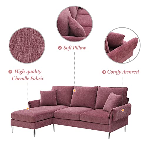 KoiHome 84" Convertible Sectional 2 Pillows, Modern Chenille L-Shaped Couch with Reversible Chaise Lounge, 3-Seater Sleeper Sofa, Fit for Living Room,Office,Apartment, Polyester, Pink