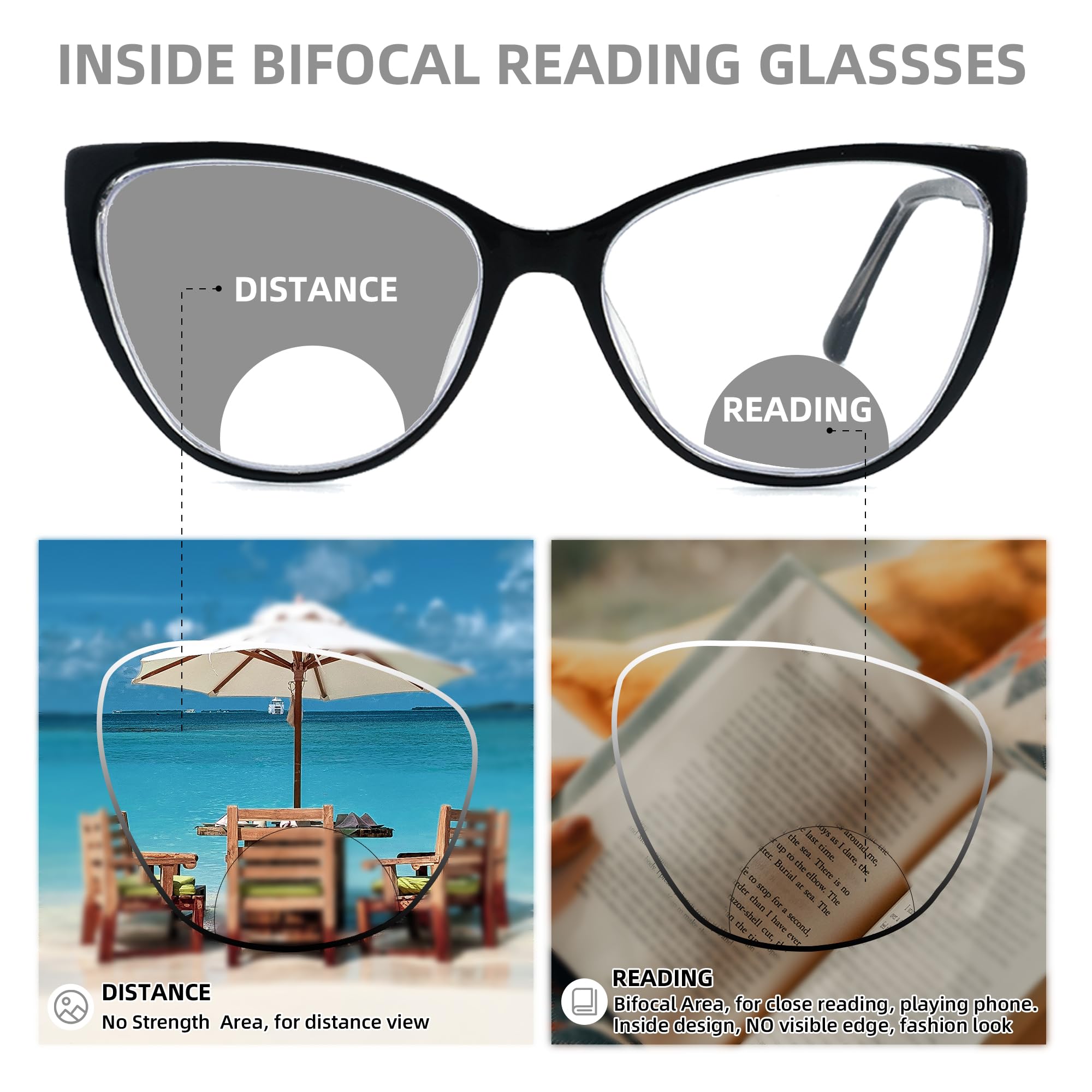 SOPHILY Cateye Bifocal Reading Glasses for Women Men, Funky Bi-focal Womens Readers Clear Top Blue Light Blocking Eyglasses,Black Frame +2.00