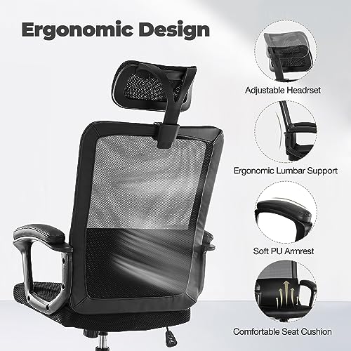 JHK Home Office Desk Chair, Ergonomic Office Chair with Adjustable Headrest and Soft PU Armrest, Swivel Rolling Chair Mesh Reclining Computer Chair with Lumbar Support and Tilt Function, Black