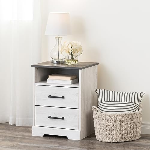 Prepac Rustic Ridge Farmhouse Bedroom Nightstand with 2 Drawers and an Open Cubby, Wooden Bedside Table for Bedroom, Office, or Living Room, 16.25in x 18.75in x 24.5in, Washed White