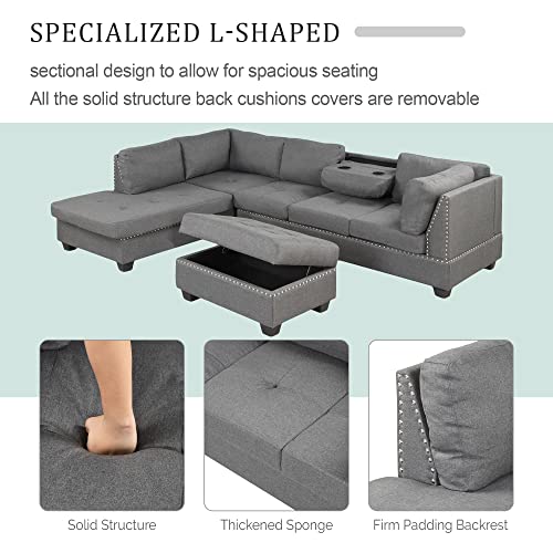 Eafurn L Shaped Sectional Sofa with Reversible Chaise and Drop Down Table & Cupholders, Upholstery Corner Couch with Storage Ottoman, Tufted Convertible Sofa & Couch for Living Room Furniture Set