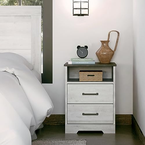Prepac Rustic Ridge Farmhouse Bedroom Nightstand with 2 Drawers and an Open Cubby, Wooden Bedside Table for Bedroom, Office, or Living Room, 16.25in x 18.75in x 24.5in, Washed White