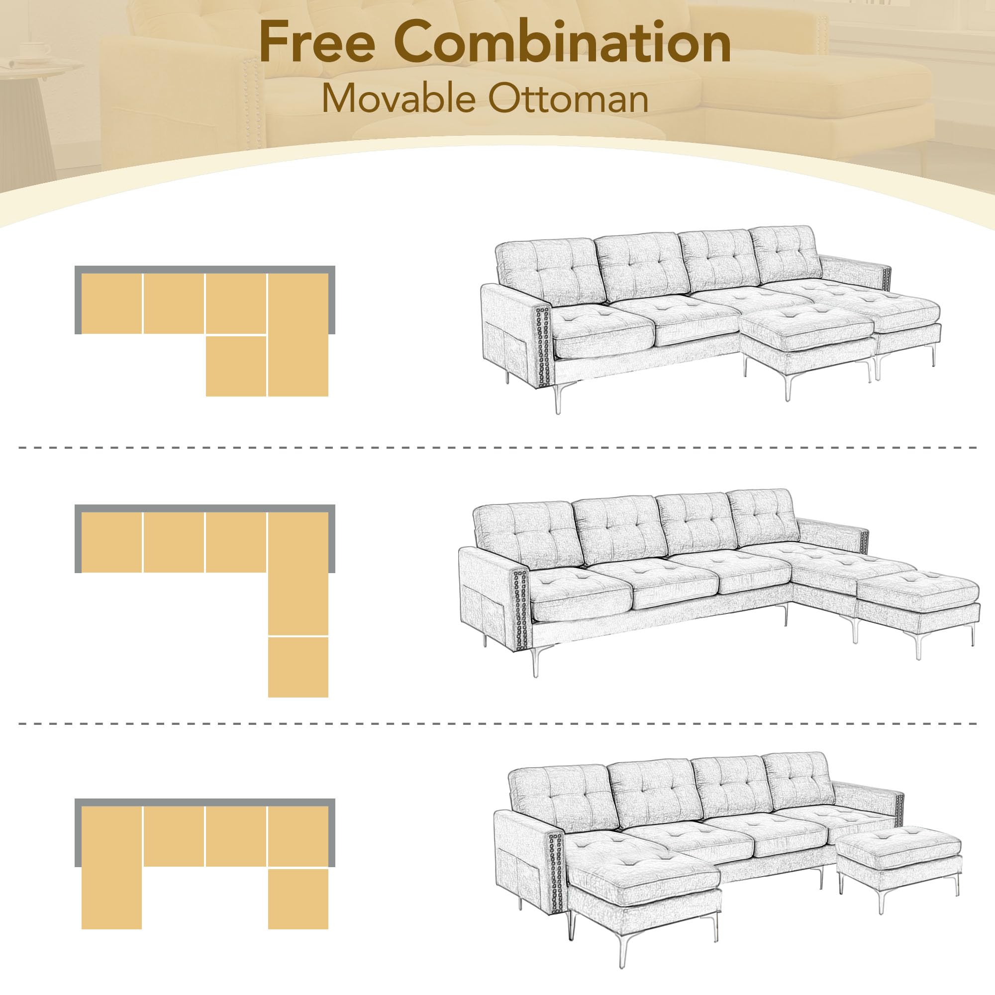 EMKK Corner 110" Convertible Sectional Couch Furniture, 5 Seat Sofa for Living Room L/U Shaped Modern Fabric UpholsteredModular Sofá Sleeper with Double Chaise & Memory Foam & Movable Ottoman, Yellow