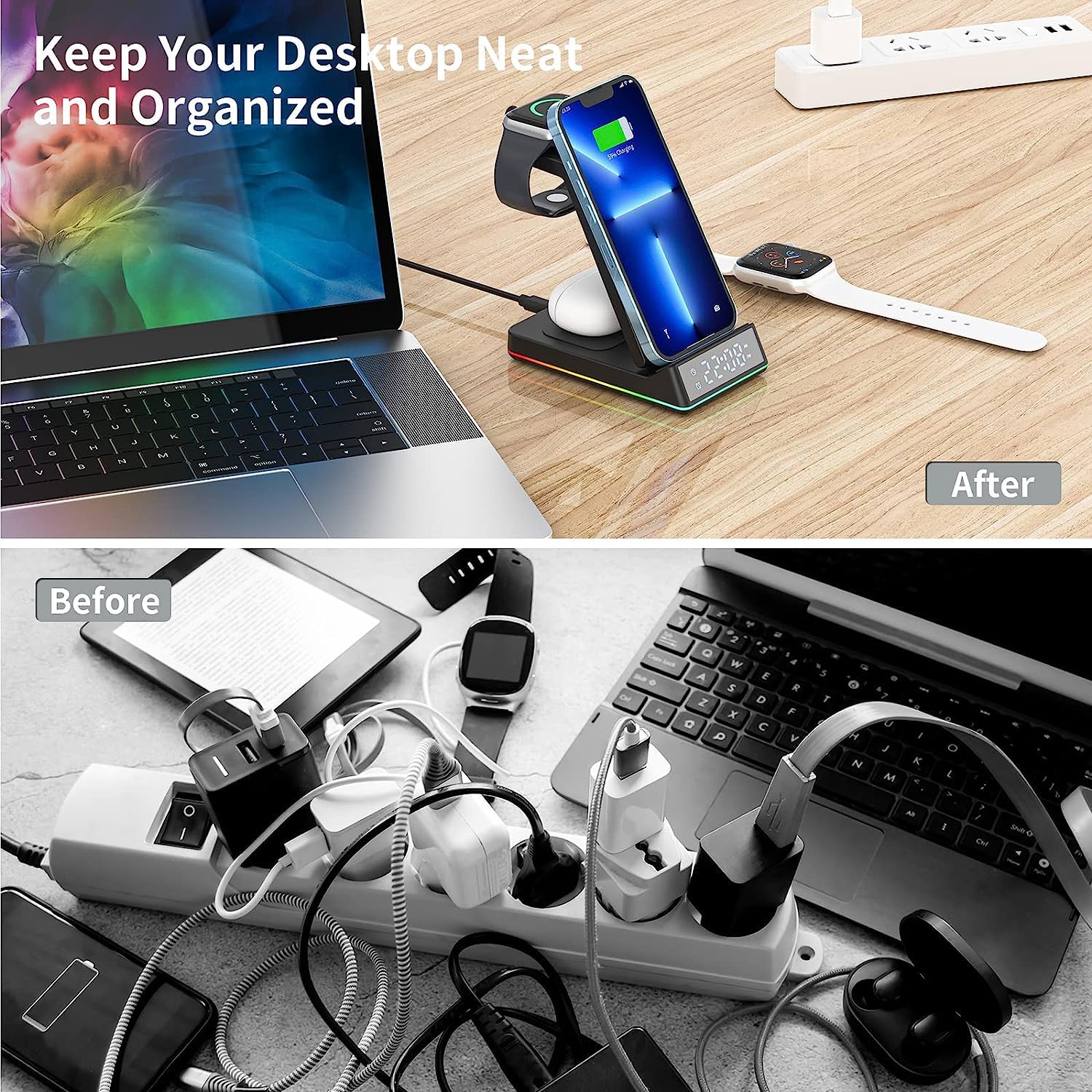 Wireless Charging Station, 5 in 1 Wireless Charger [with Alarm/Clock/Night Light] 15W Wireless Charging Dock Stand for iPhone 14/13/12/11,Samsung Phones,Apple Watch Series & Airpods