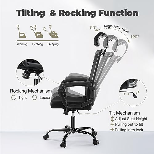 JHK Home Office Desk Chair, Ergonomic Office Chair with Adjustable Headrest and Soft PU Armrest, Swivel Rolling Chair Mesh Reclining Computer Chair with Lumbar Support and Tilt Function, Black